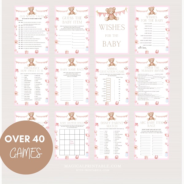 Printable Pink Teddy Bear Baby Shower Games Bundle – Printabell • Express