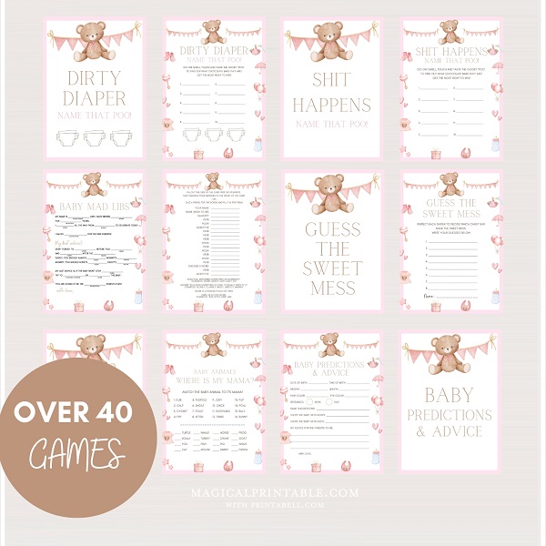 Printable Pink Teddy Bear Baby Shower Games Bundle – Printabell • Express
