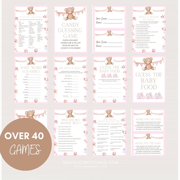 Printable Pink Teddy Bear Baby Shower Games Bundle – Printabell • Express