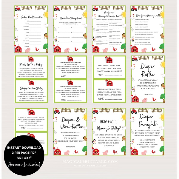 30 Farm Animals Baby Shower Games Bundle – Printabell • Express