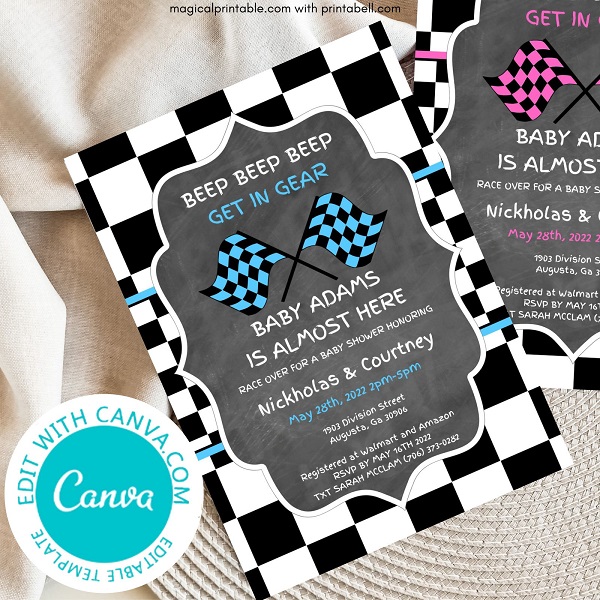 Editable Pink Blue Racing Baby Shower Invitation – Printabell • Express