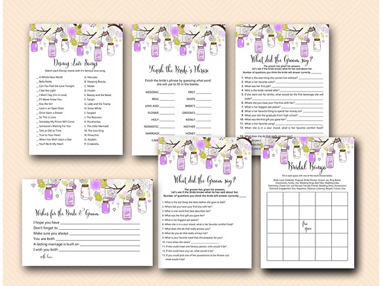 Purple Mason Jars Bridal Shower Games Pack – Printabell • Express