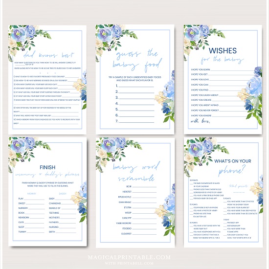 Elegant Blue Floral Baby Shower Games Bundle – Printabell • Express