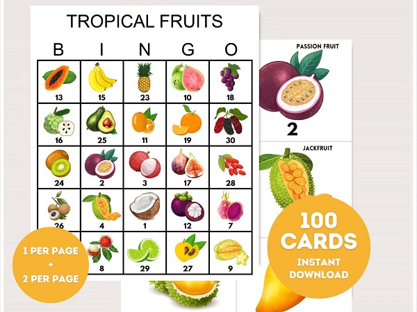 100x Tropical Fruits Bingo Cards – Printabell • Express